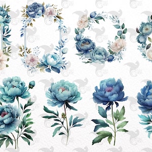 Watercolor Blue Peony Clipart - Peonies in PNG Format Instant Download ...