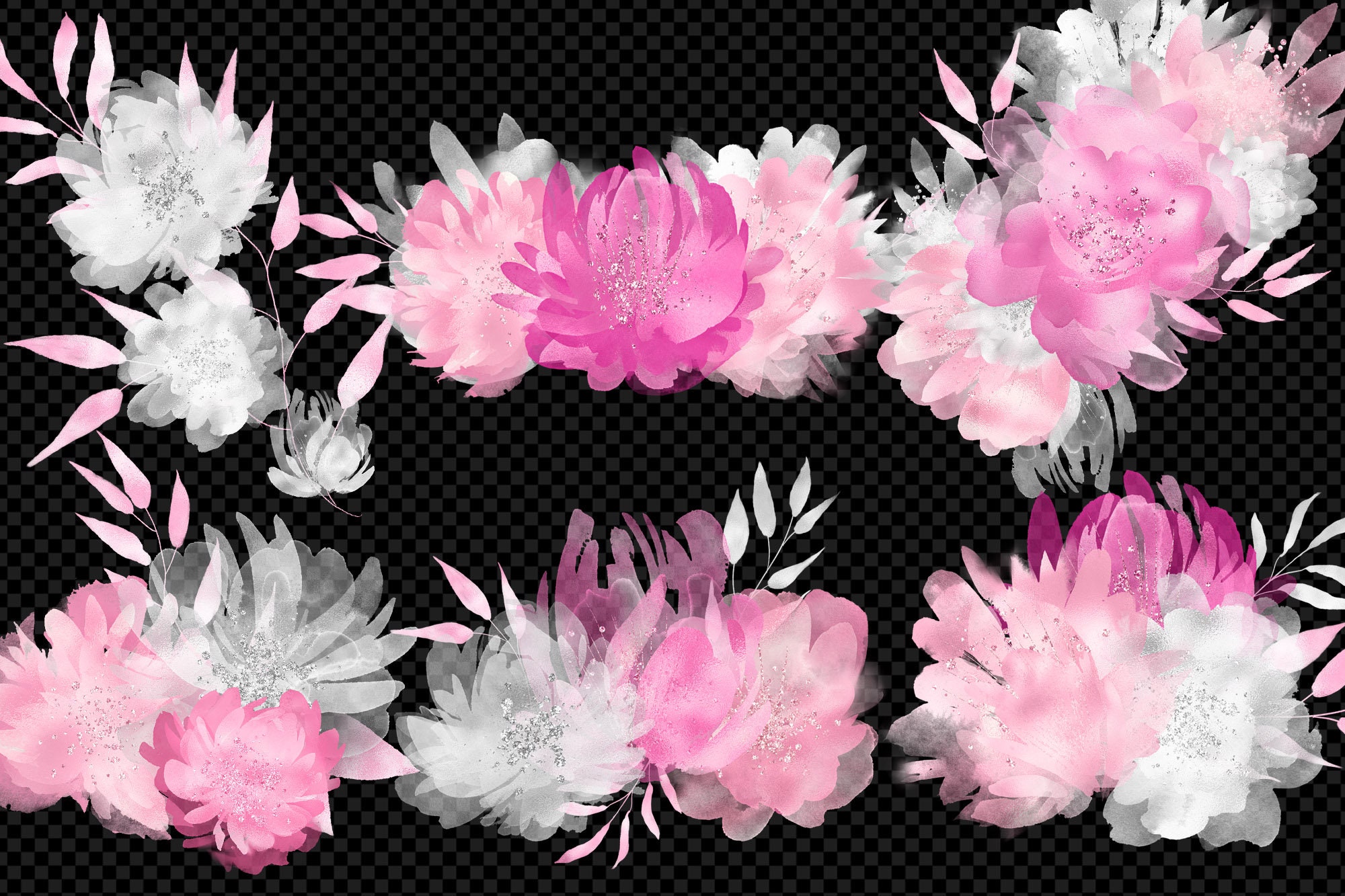 Pink and Silver Watercolor Flowers Clipart Shimmering | Etsy