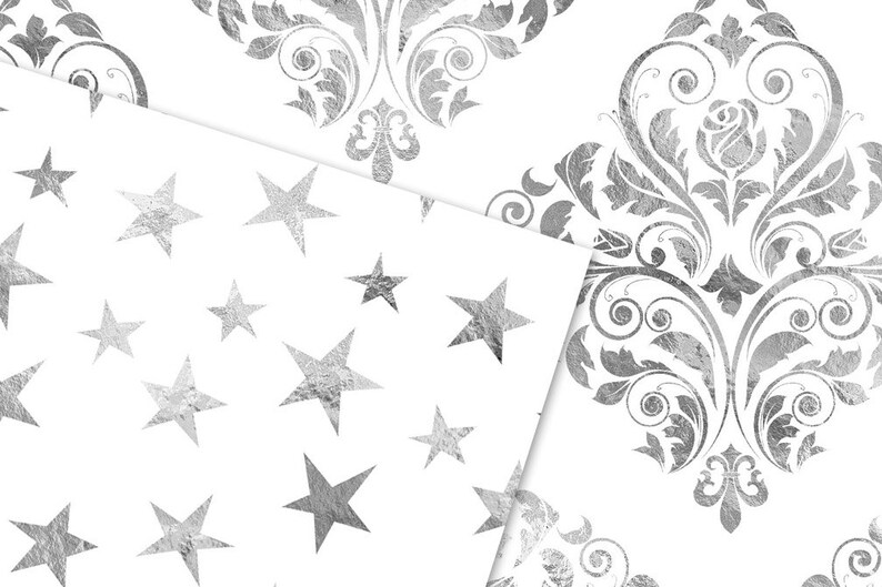 White and Silver Digital Paper, Shimmering Foil Patterns (digital ...