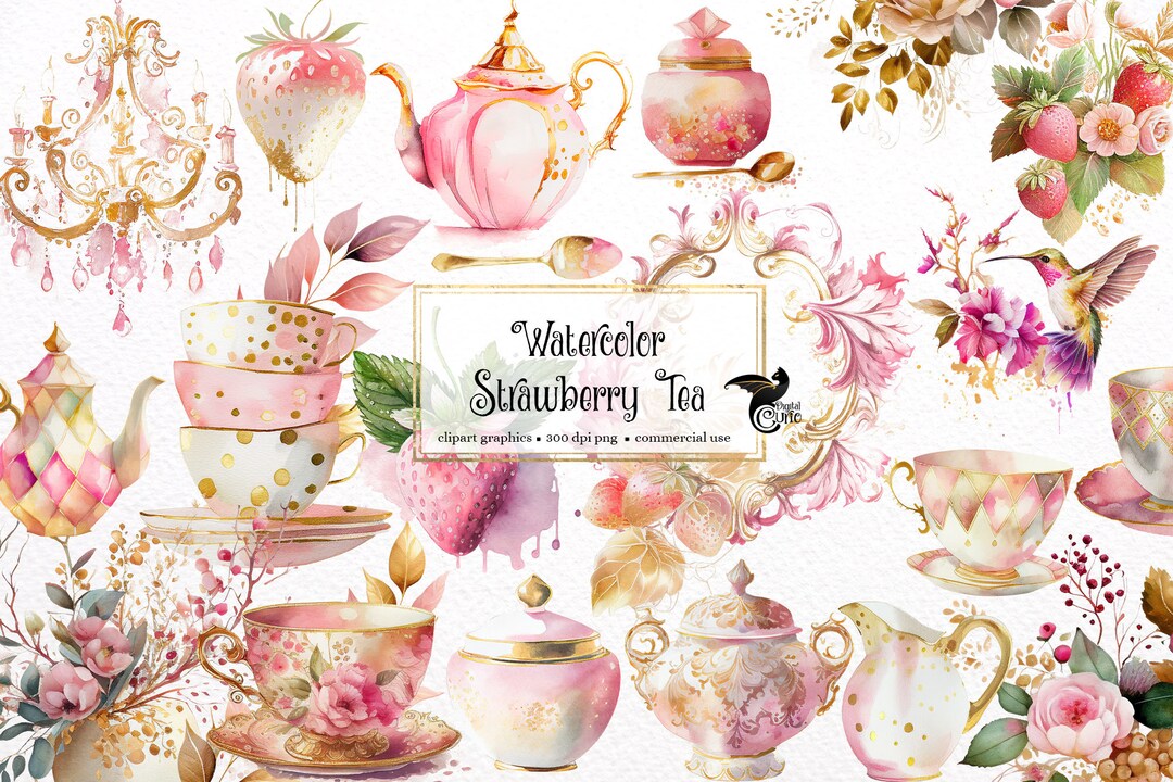Watercolor Strawberry Tea Clipart, Blush and Gold Tea Cups, Garden Tea ...