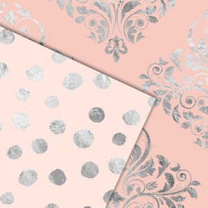 Blush and Silver Digital Paper, Seamless Peach Pink and Silver Foil ...