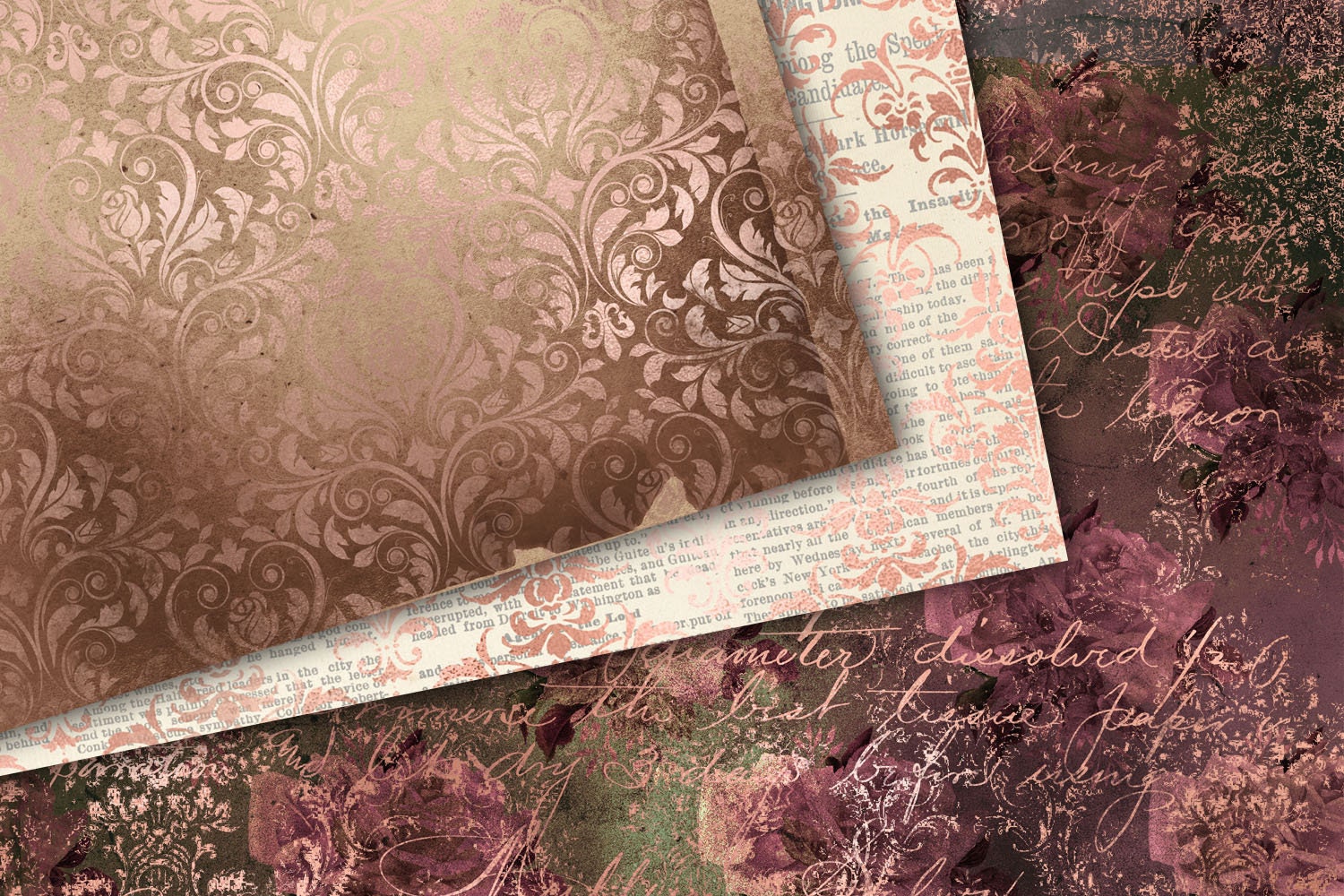 Rose Gold Ephemera Digital Paper Pack, Vintage Textures (digital ...