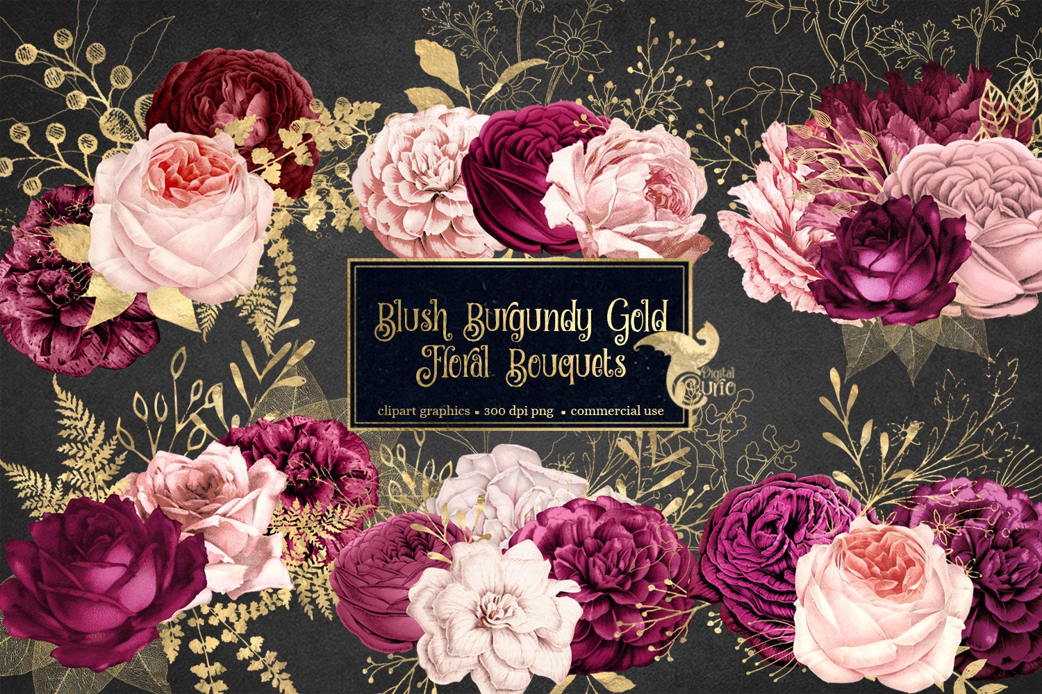 Blush Burgundy Gold Floral Bouquets Clipart Digital Instant - Etsy