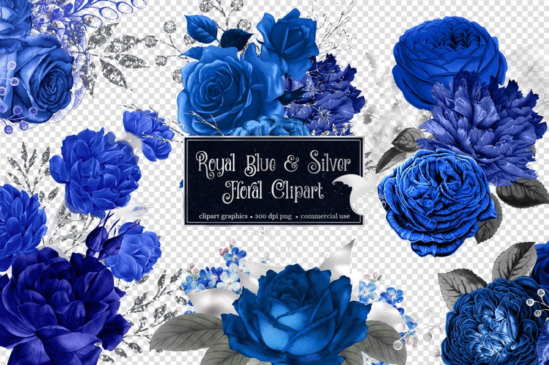 Royal Blue Floral Clipart, Silver Glitter Flowers (digital Download) - Etsy