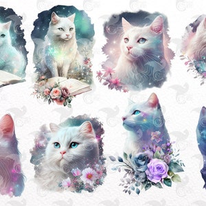 Watercolor Fantasy White Cats Clipart - Cute Floral Cats With Fairy ...