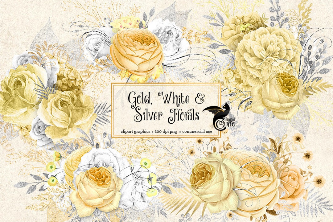 Watercolor Floral Clip Art, Rustic Gold, White, Silver Flowers (digital ...