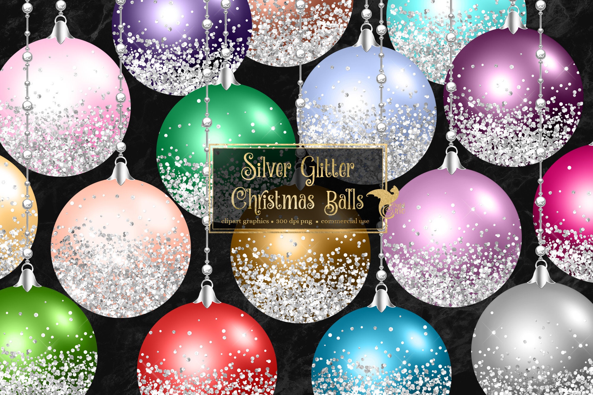 Silver Glitter Christmas Ball Ornaments Clipart, PNG Graphics (digital ...