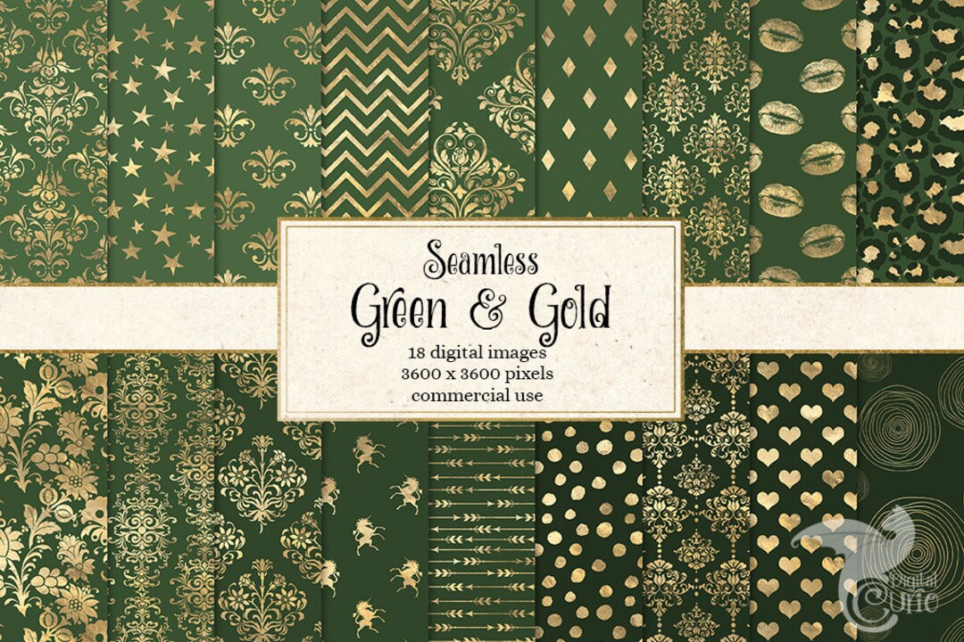 Green and Gold Digital Paper, Seamless Gold Foil Backgrounds, Gold ...