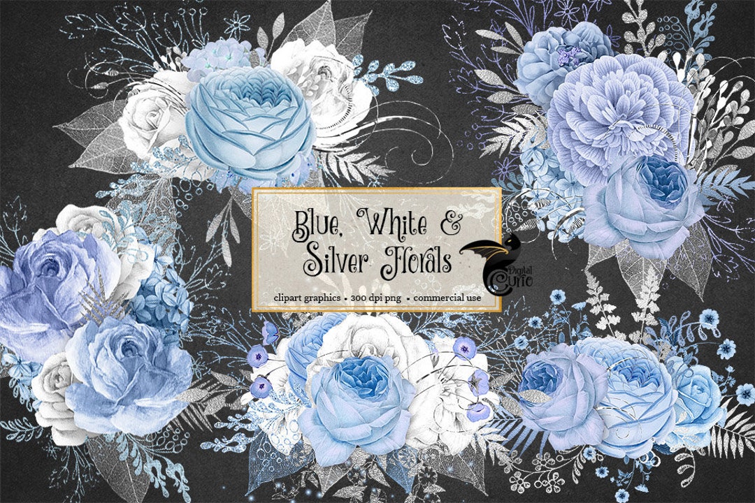 Blue, White and Silver Floral Clip Art, Digital Download Painted Rustic ...