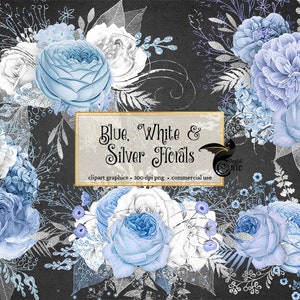 Blue, White and Silver Floral Clip Art, Digital Download Painted Rustic ...