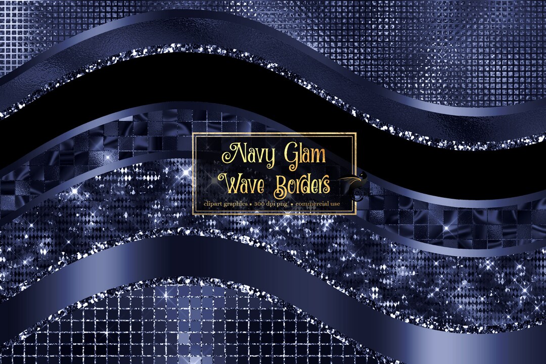 Navy Glam Wave Borders Clipart - Seamless Glitter and Foil Metallic ...