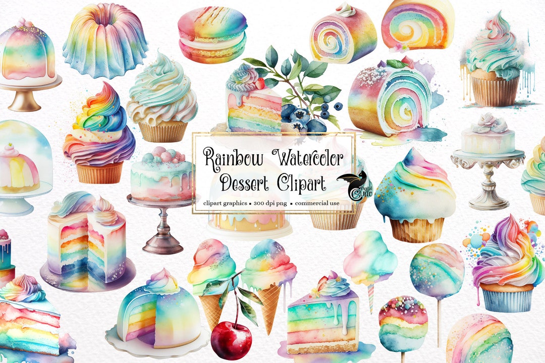 Watercolor Rainbow Desserts Clipart, Sweets and Cakes Clip Art PNG ...