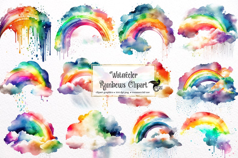 Watercolor Rainbows Clipart Digital Graphics for Commercial - Etsy