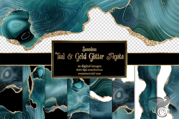 Teal and Gold Glitter Agate Borders Seamless Digital Geode - Etsy