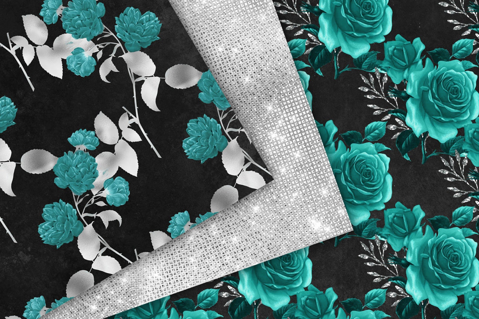Teal and Silver Floral Digital Paper Seamless Turquoise Rose - Etsy