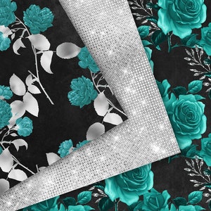 Teal and Silver Floral Digital Paper, Seamless Turquoise Rose Printable ...
