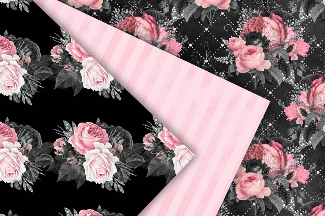Pink and Black Floral Digital Paper, Vintage Shabby Chic (digital ...