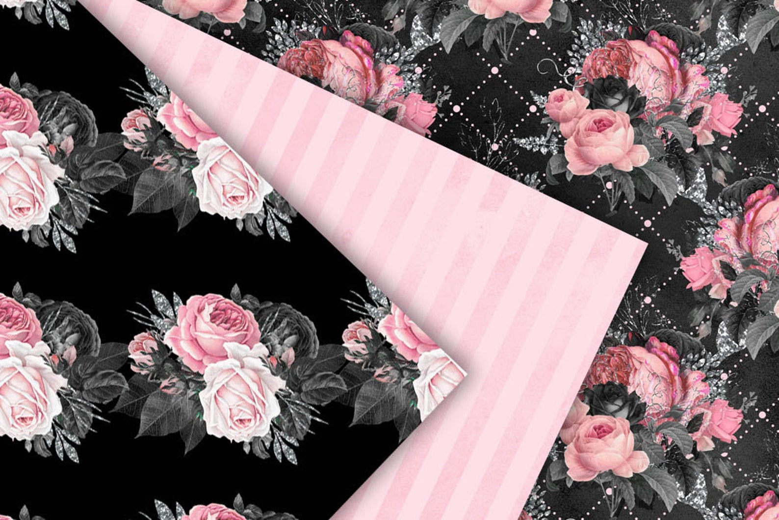 Pink and Black Floral Digital Paper, Shabby Black and Pink Seamless ...