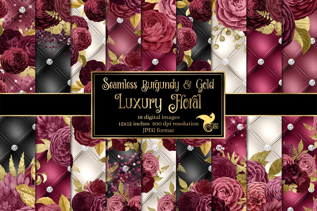 Burgundy Gold Floral Digital Paper – Tufted Diamond, Seamless (digital ...