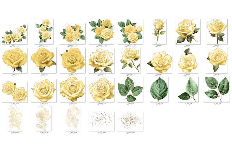 Yellow Gold Rose Clip Art, Glitter Flower Embellishments (digital ...