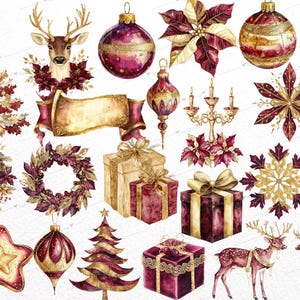 Burgundy and Gold Christmas Clipart - Watercolor Holiday Graphics (PNG ...