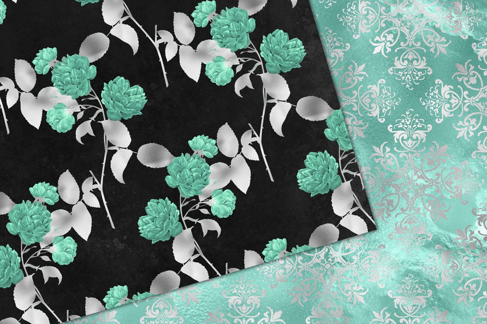 Aqua and Silver Floral Digital Paper Seamless Turquoise Rose - Etsy