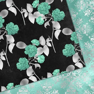 Aqua and Silver Floral Digital Paper, Seamless Turquoise Rose Printable ...
