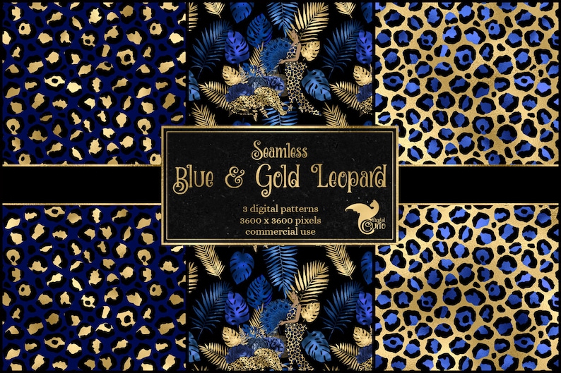 Royal Blue and Gold Leopard Print, Seamless Animal Pattern (digital ...