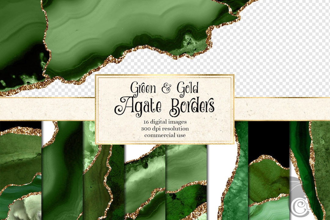 Green and Gold Agate Borders, Digital Watercolor Geode PNG Overlays ...