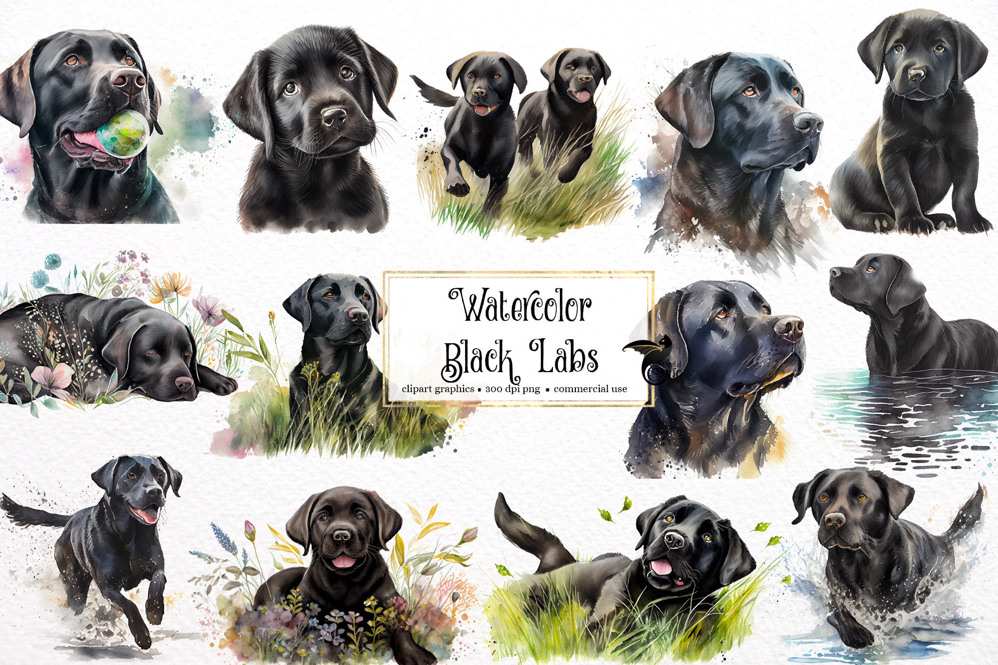 Watercolor Black Labs Clipart Cute Labrador Dogs and Puppies - Etsy UK