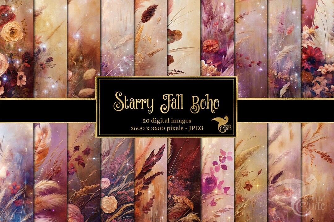 Starry Fall Floral Digital Paper, Boho Scrapbook Pages (JPEG) - Etsy