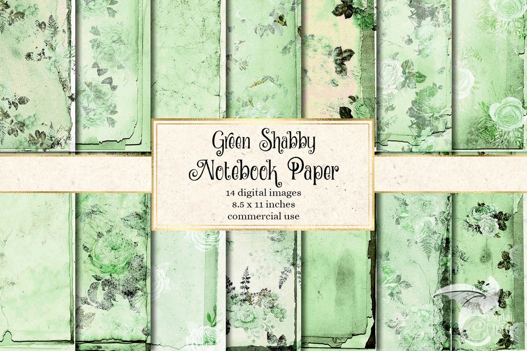 Green Shabby Notebook Paper, Notebook Digital Paper Grunge Junk Journal ...