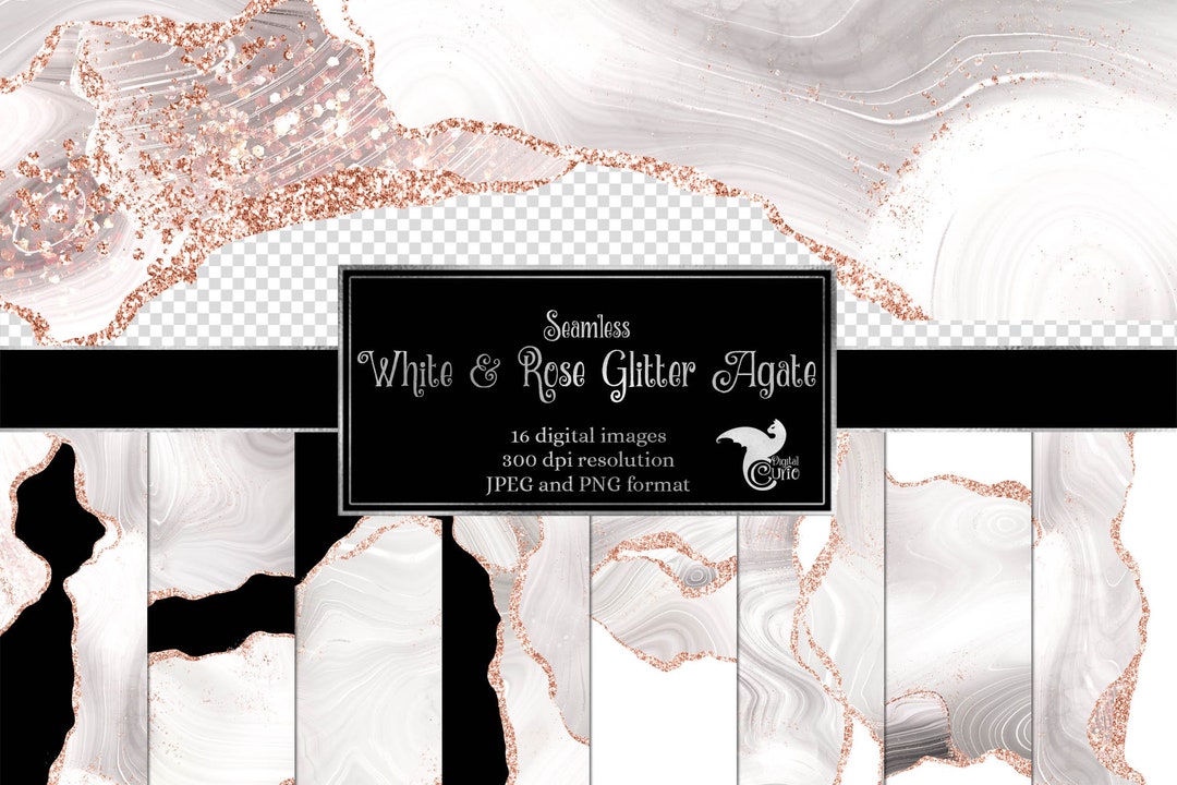 White and Rose Gold Glitter Agate Borders, Seamless Digital Geode PNG ...