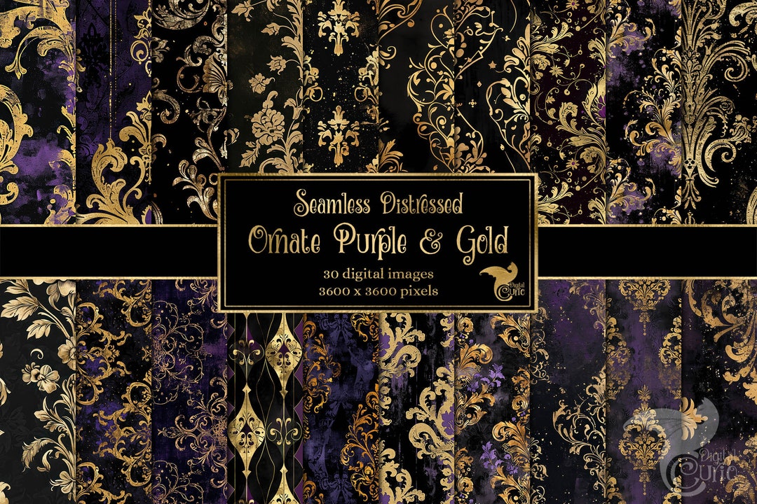 Distressed Ornate Purple and Gold Digital Paper - Seamless Printable ...