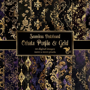 Distressed Ornate Purple and Gold Digital Paper - Seamless Printable ...