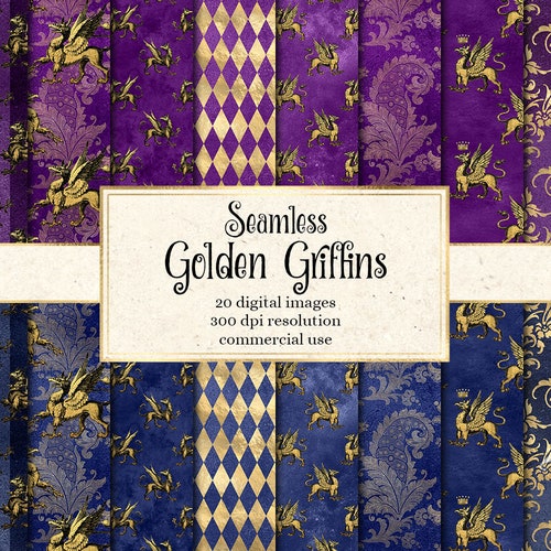 Heraldic Teal and Gold Digital Paper Seamless Patterns | Etsy