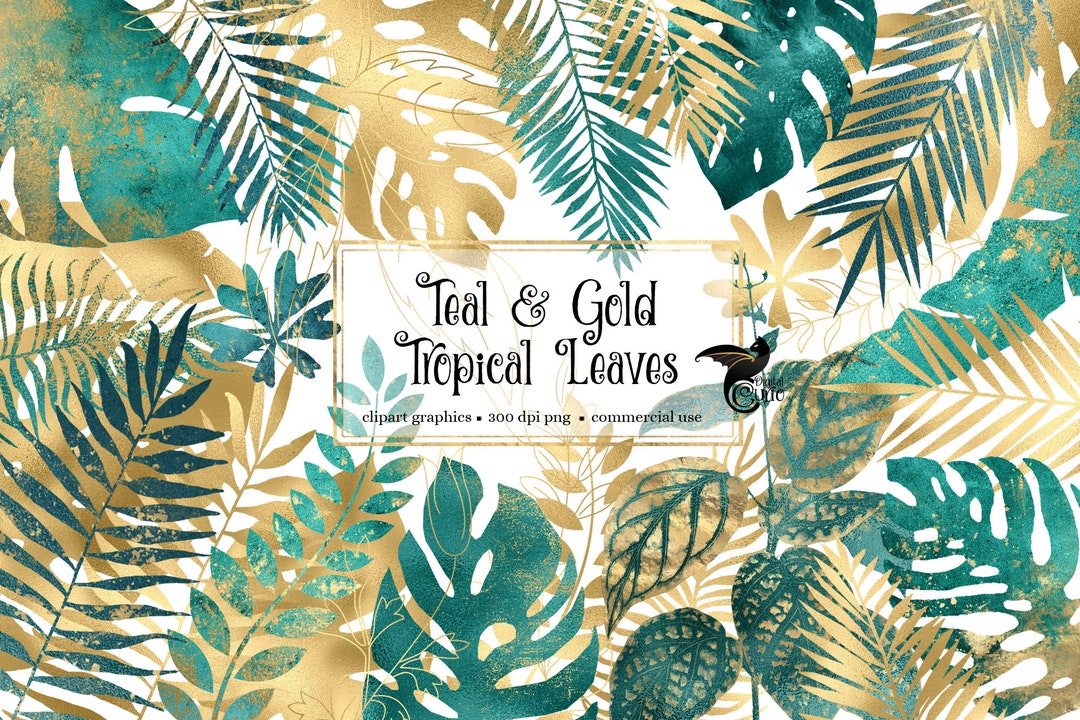 Teal and Gold Tropical Leaf Clipart, Watercolor Graphics (digital ...