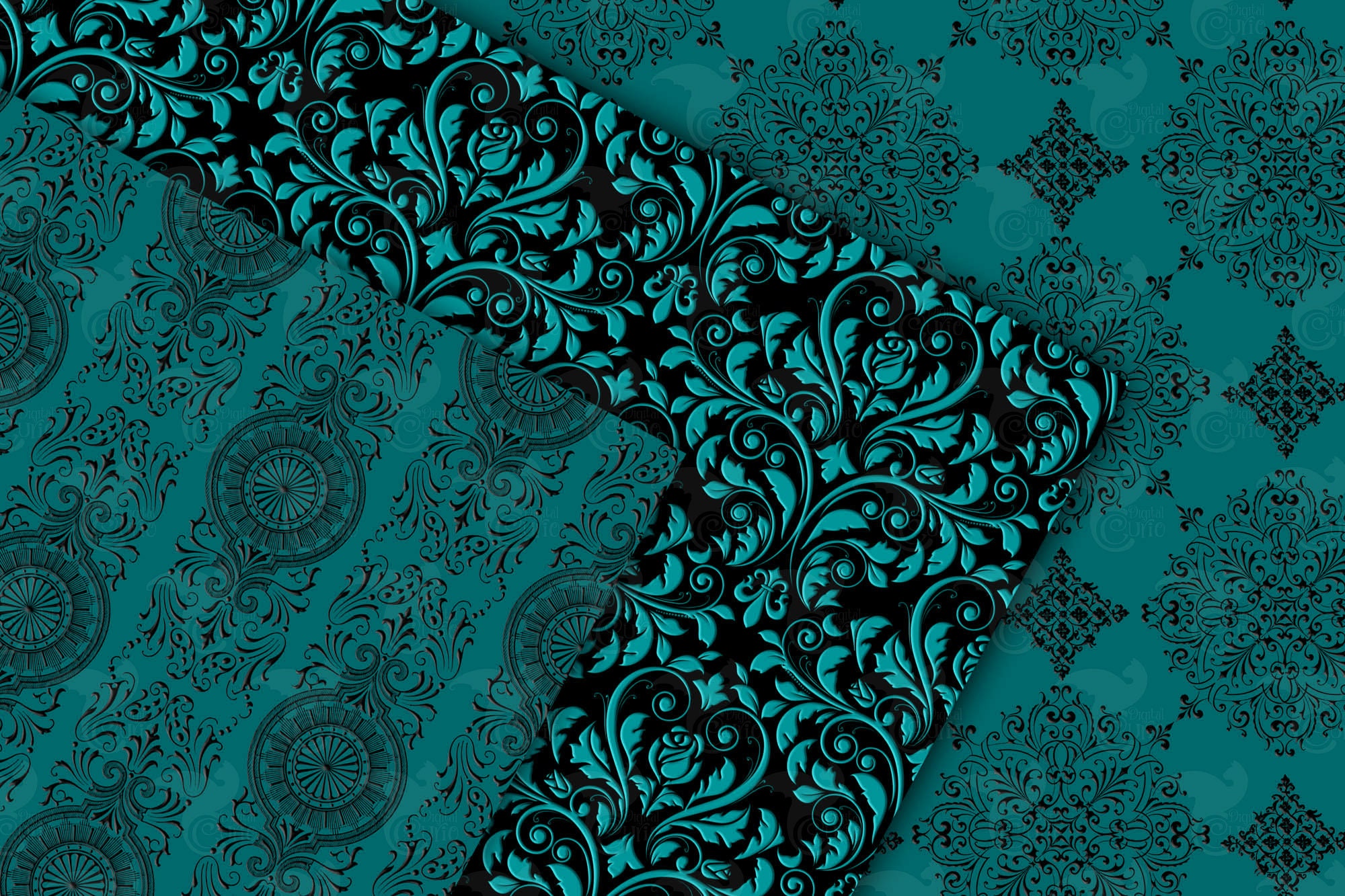 Teal and Black Damask Digital Paper Gothic Digital Paper - Etsy