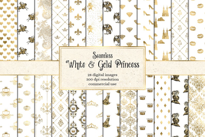 White and Gold Princess Digital Paper, Seamless Patterns (digital ...