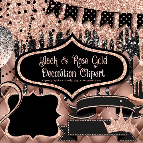 Black and Rose Gold Party Decorations Clip Art With Frames and - Etsy