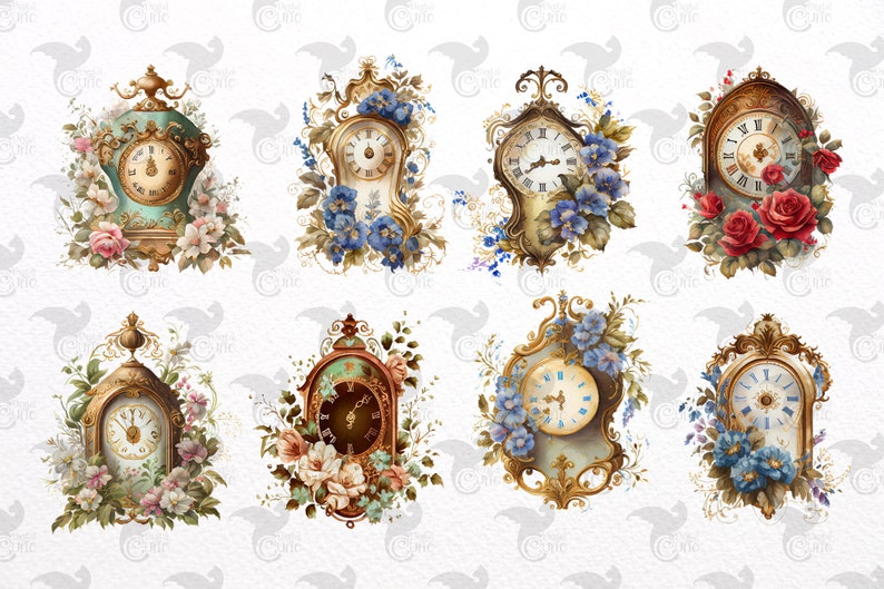 Watercolor Floral Clocks Clipart – Rustic Cottagecore PNG (digital ...