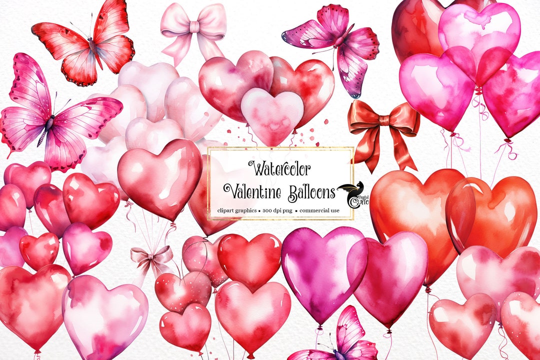 Watercolor Valentine Balloons Clipart - Digital Png Heart Balloon ...