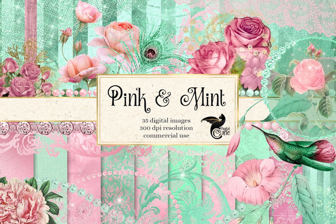 Pink and Mint Digital Scrapbooking Kit, Clipart, Digital Paper, Flowers ...