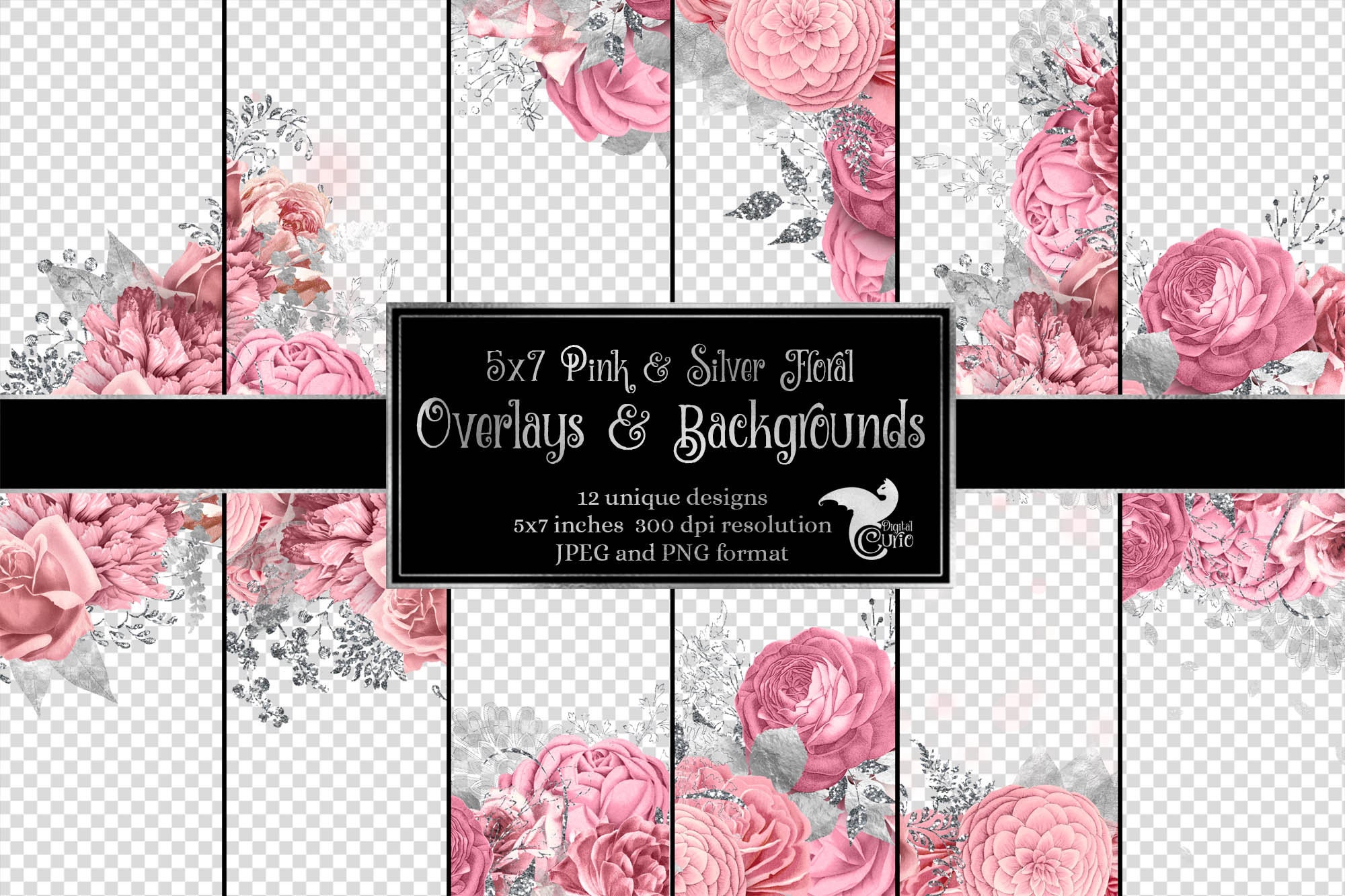 5x7 Pink and Silver Floral Overlays for Invitations Planners - Etsy