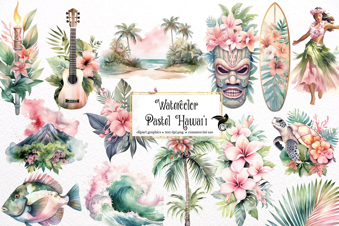 Watercolor Hawaii Clipart – Tropical Island Graphics (PNG, Digital ...