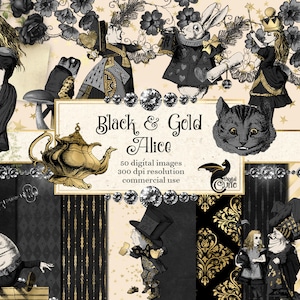 Black and Gold Alice Digital Scrapbooking Kit, Instant Download Alice's ...