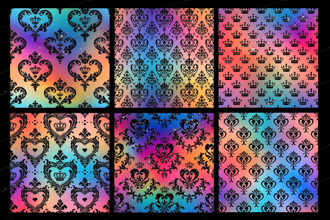 Rainbow Glitter Digital Paper, Damask & Royal Patterns (digital ...
