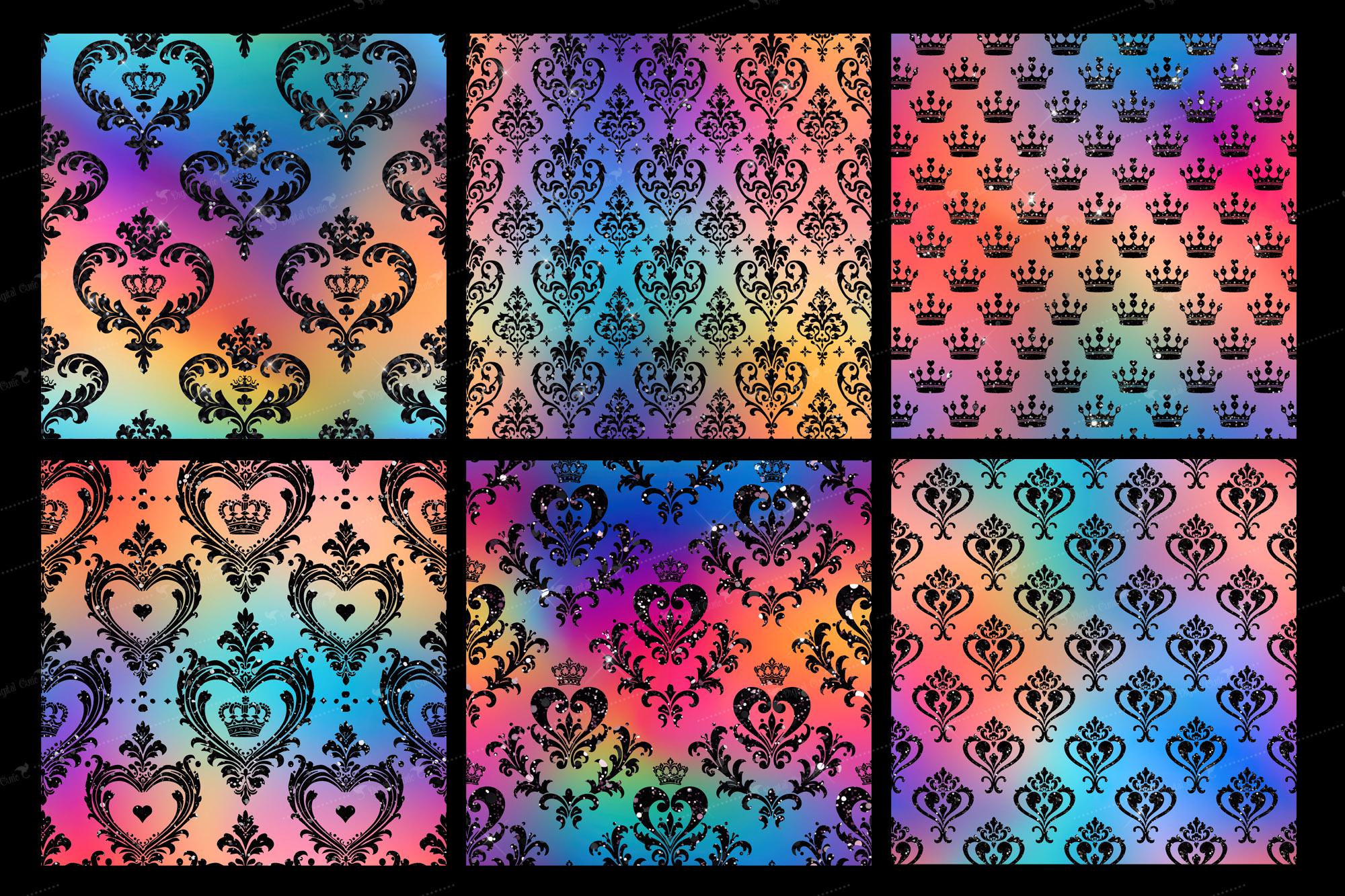 Rainbow Glitter Digital Paper, Damask & Royal Patterns (digital ...