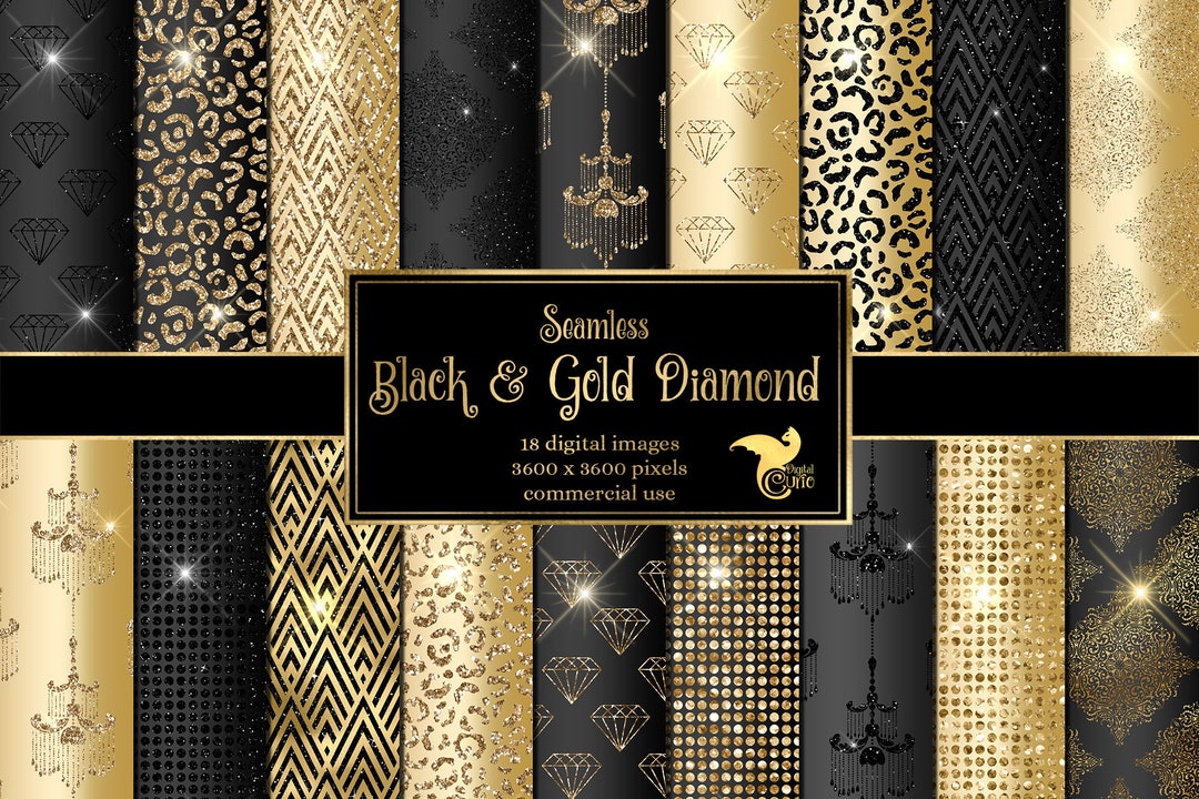 Black and Gold Diamond Sequin Digital Paper, Glam Glitter Textures ...