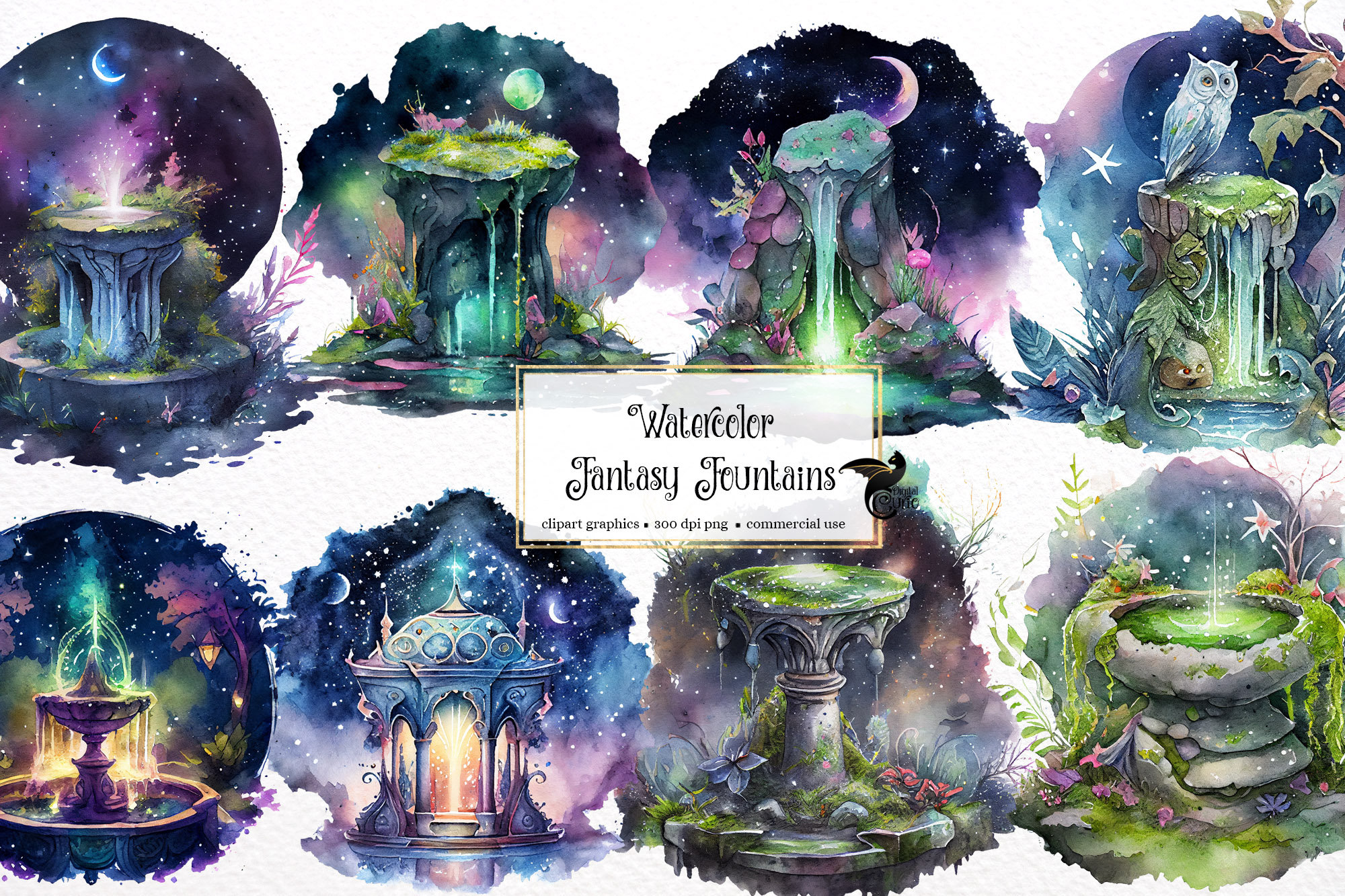 Watercolor Fantasy Fountains Clipart - Fairy Garden Fountain PNG Format ...